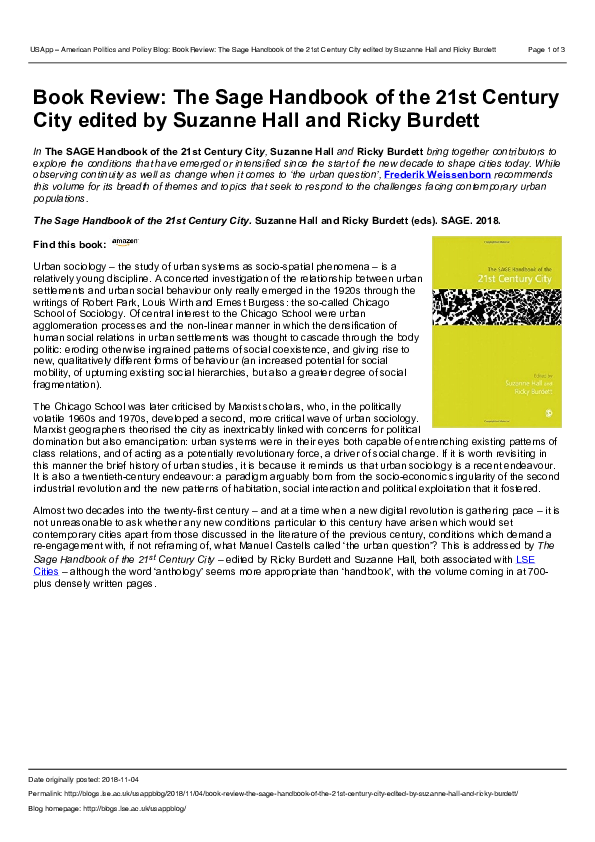 (PDF) Book review: the Sage handbook of the 21st century city edited by Suzanne Hall and Ricky ...