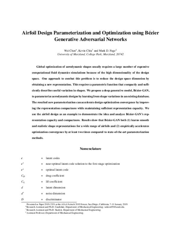 Pdf Airfoil Design Parameterization And Optimization Using Bézier Generative Adversarial Networks