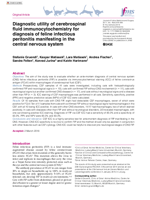 (PDF) Diagnostic utility of cerebrospinal fluid immunocytochemistry for diagnosis of feline ...