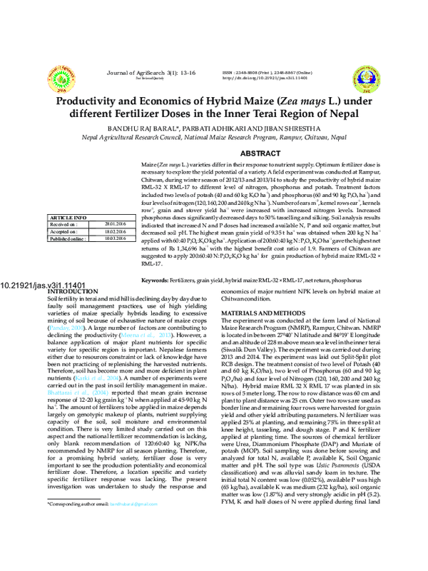 (PDF) Productivity and Economics of Hybrid Maize ( Zea mays L.) under different Fertilizer Doses ...