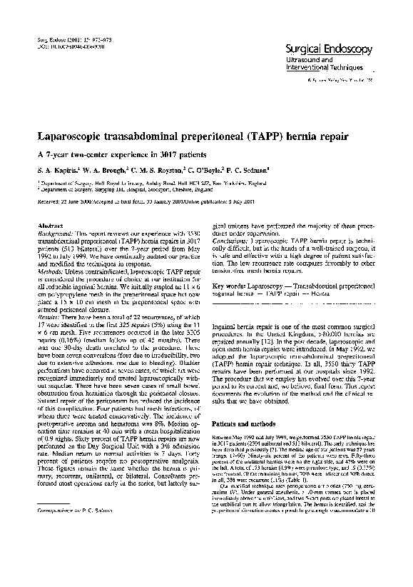 (PDF) Laparoscopic transabdominal preperitoneal (TAPP) hernia repair
