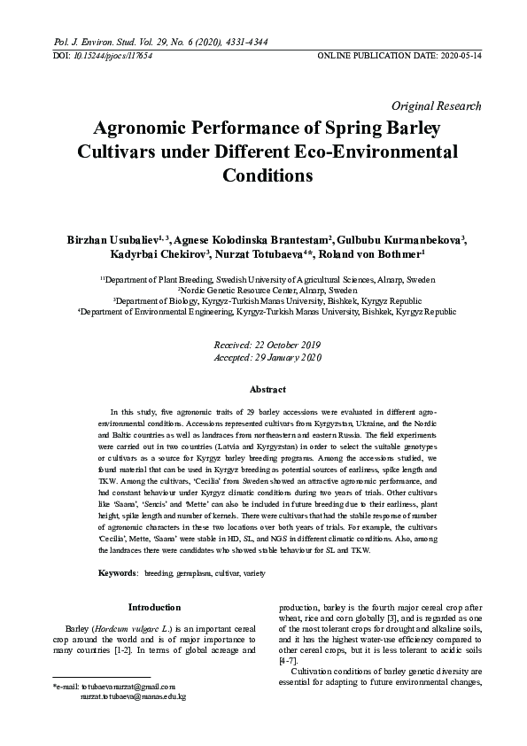 (PDF) Agronomic Performance of Spring Barley Cultivars under Different Eco-Environmental ...