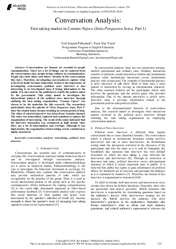 (PDF) Conversation Analysis: Turn taking marker in Catatan Najwa (Setia Pengacara Setya, Part 1 ...