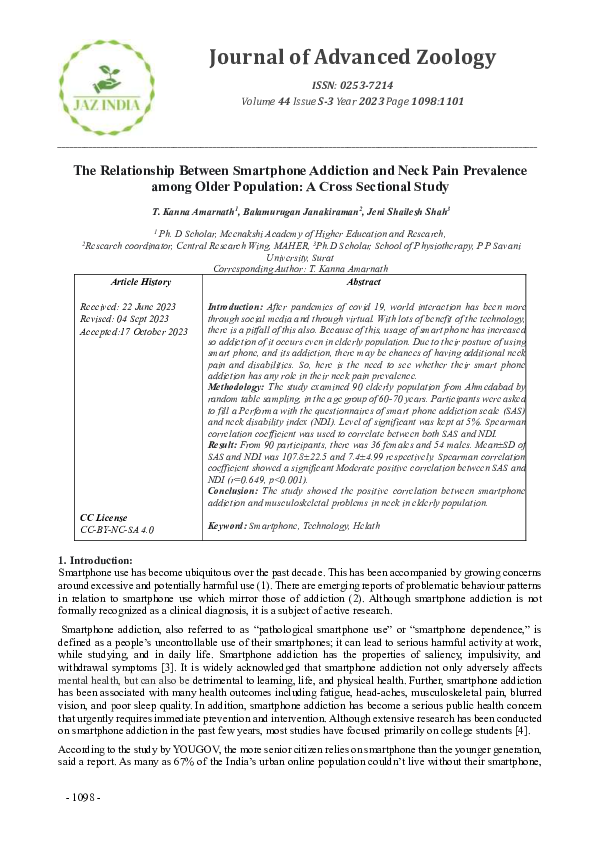 (PDF) The Relationship Between Smartphone Addiction and Neck Pain Prevalence among Older ...