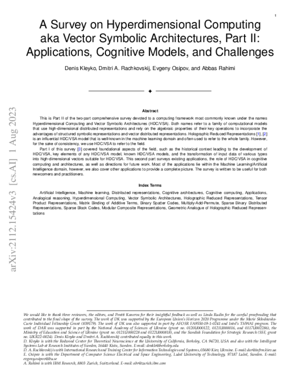 Pdf A Survey On Hyperdimensional Computing Aka Vector Symbolic Architectures Part Ii