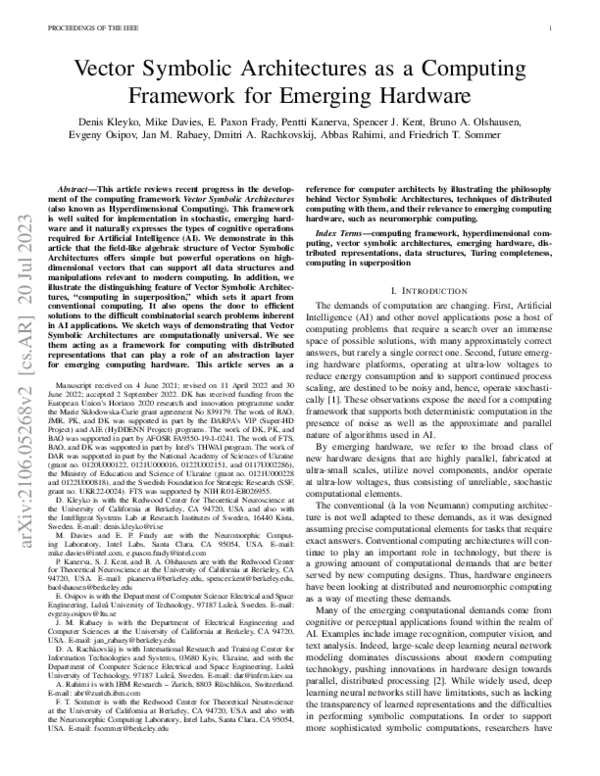 (PDF) Vector Symbolic Architectures as a Computing Framework for Emerging Hardware