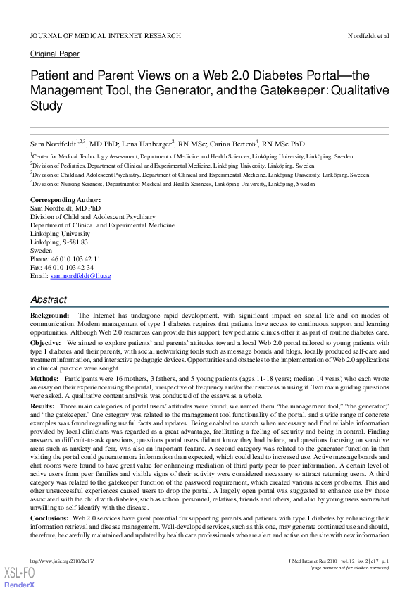 (PDF) Patient and Parent Views on a Web 2.0 Diabetes Portal—the ...