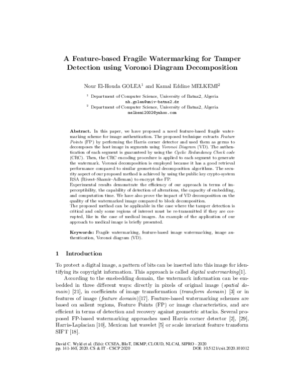 (PDF) A Feature-based Fragile Watermarking for Tamper Detection using Voronoi Diagram ...