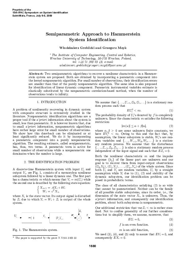 (PDF) Semiparametric Approach to Hammerstein System Identification