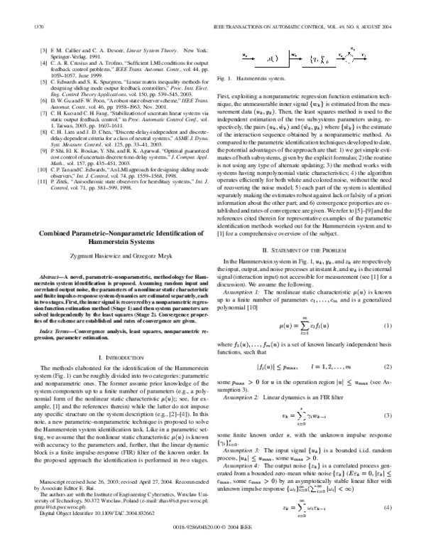 Pdf Combined Parametric Nonparametric Identification Of Hammerstein