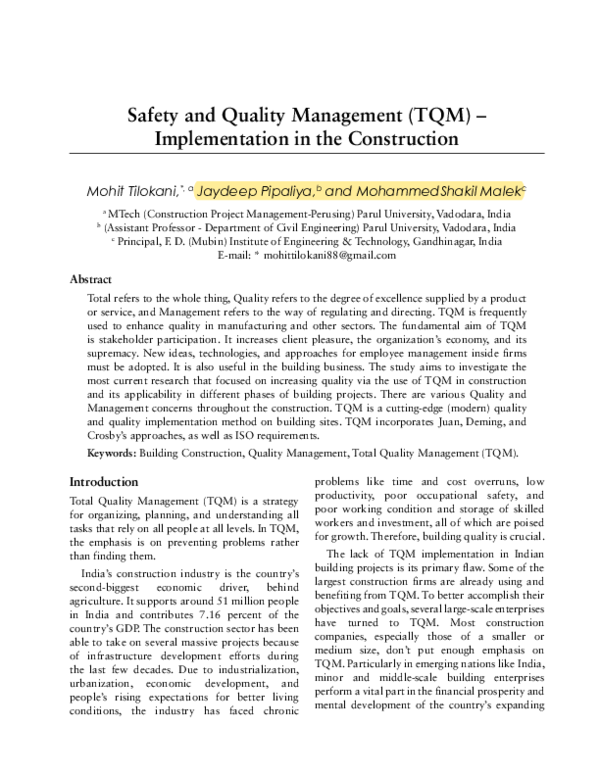 (PDF) Safety and Quality Management (TQM) – Implementation in the Construction