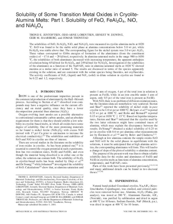 (PDF) Solubility of some transition metal oxides in cryolite-alumina ...