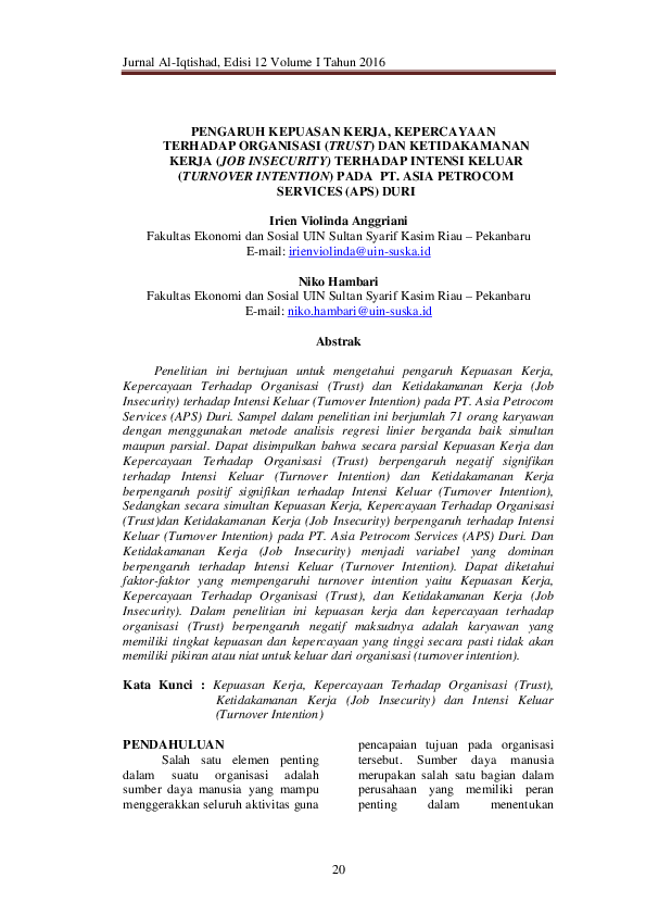 (PDF) Pengaruh Kepuasan Kerja, Kepercayaan Terhadap Organisasi (Trust) Dan Ketidakamanan Kerja ...