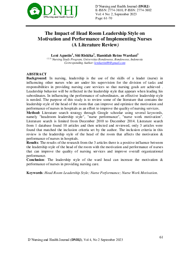 (PDF) The Impact of Head Room Leadership Style on Motivation and Performance of Implementing ...