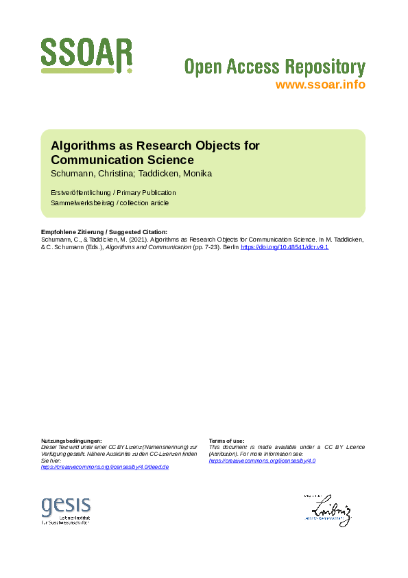 (PDF) Algorithms as Research Objects for Communication Science