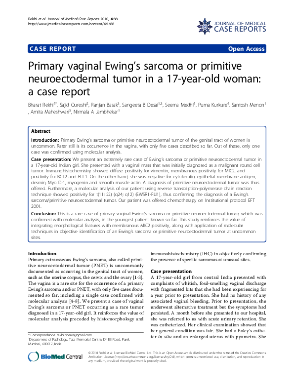 Pdf Primary Vaginal Ewings Sarcoma Or Primitive Neuroectodermal Tumor In A 17 Year Old Woman