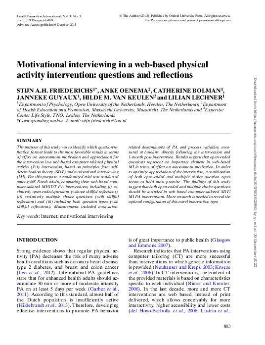 (PDF) Motivational interviewing in a web-based physical activity intervention: questions and ...