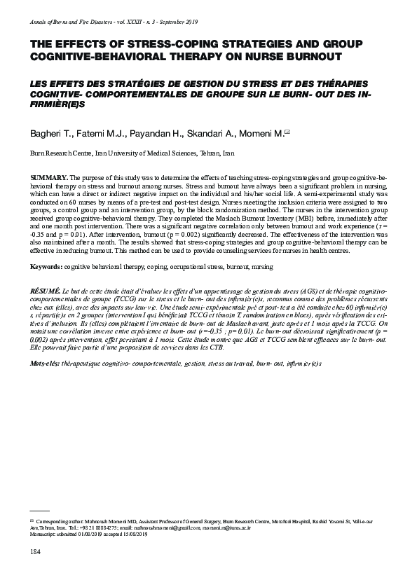 (PDF) The effects of stress-coping strategies and group cognitive-behavioral therapy on nurse ...