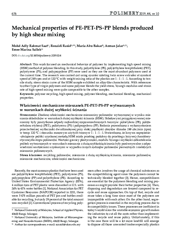 (PDF) Mechanical properties of PE-PET-PS-PP blends produced by high ...