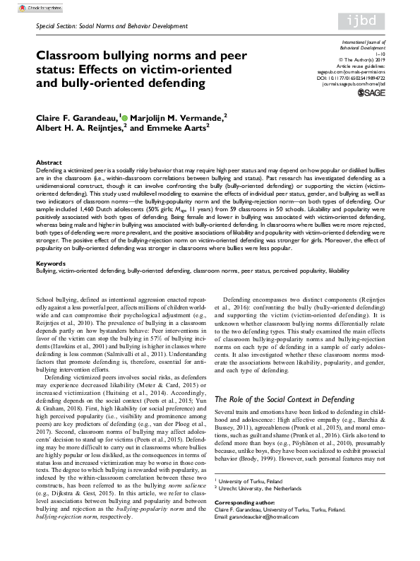 (PDF) Classroom bullying norms and peer status: Effects on victim ...