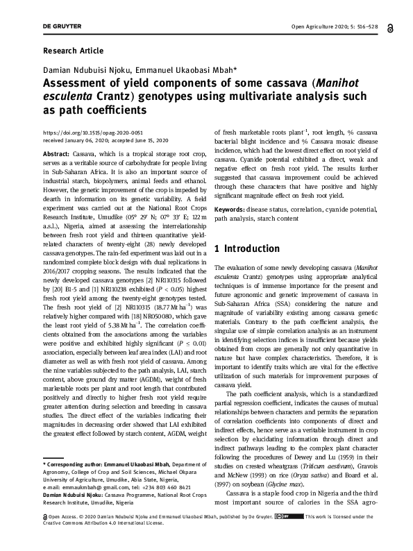 (PDF) Assessment of yield components of some cassava (Manihot esculenta Crantz) genotypes using ...