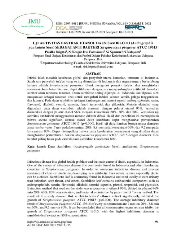 (PDF) UJI AKTIVITAS EKSTRAK ETANOL DAUN SAMBILOTO (Andrographis ...