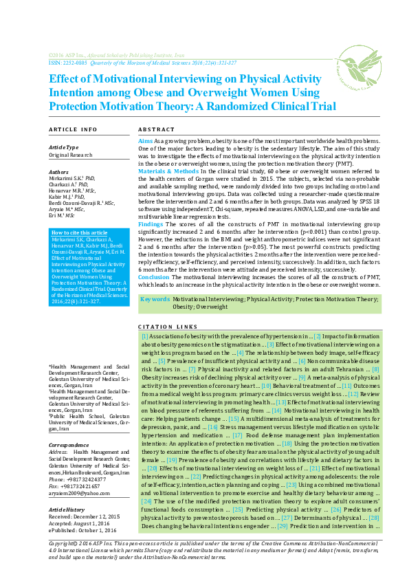 (PDF) Effect of Motivational Interviewing on Physical Activity Intention among Obese and ...