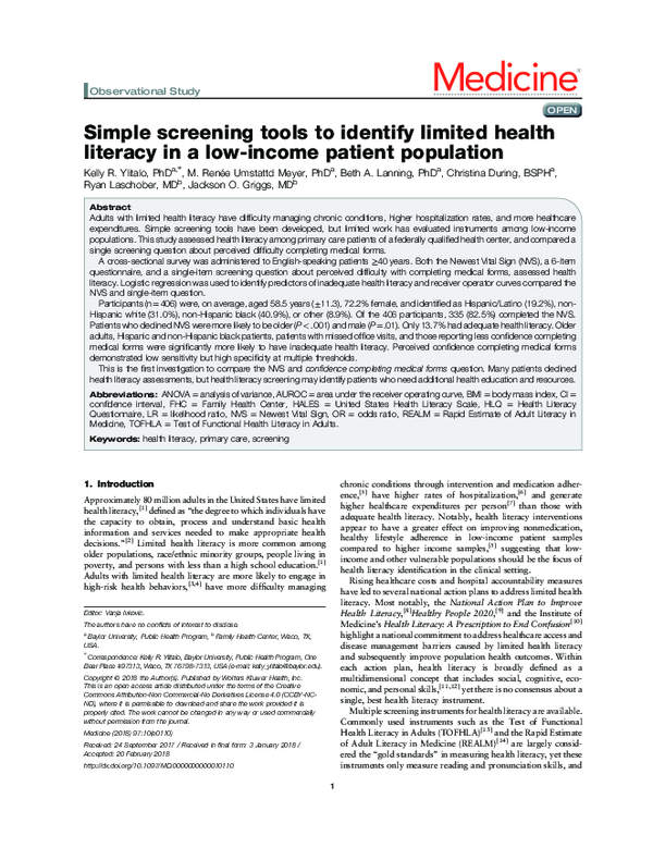 (PDF) Simple screening tools to identify limited health literacy in a ...
