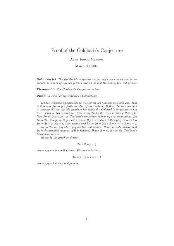 Pdf Proof Of The Goldbachs Conjecture Rev 3