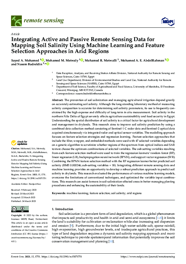 (PDF) Integrating Active and Passive Remote Sensing Data for Mapping Soil Salinity Using Machine ...