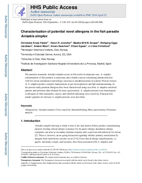 (PDF) Characterisation of potential novel allergens in the fish parasite Anisakis simplex