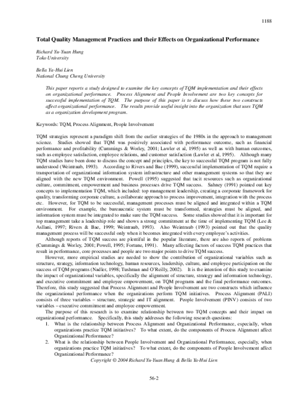 (PDF) Total Quality Management Practices and Their Effects on Organizational Performance | Bella ...