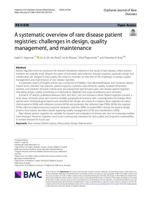 (PDF) A systematic overview of rare disease patient registries: challenges in design, quality ...