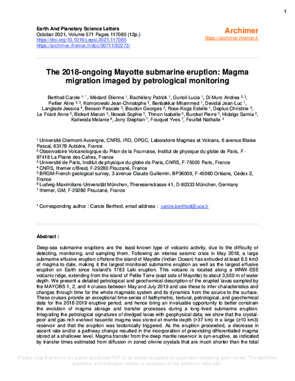 (PDF) The 2018-ongoing Mayotte submarine eruption: Magma migration ...