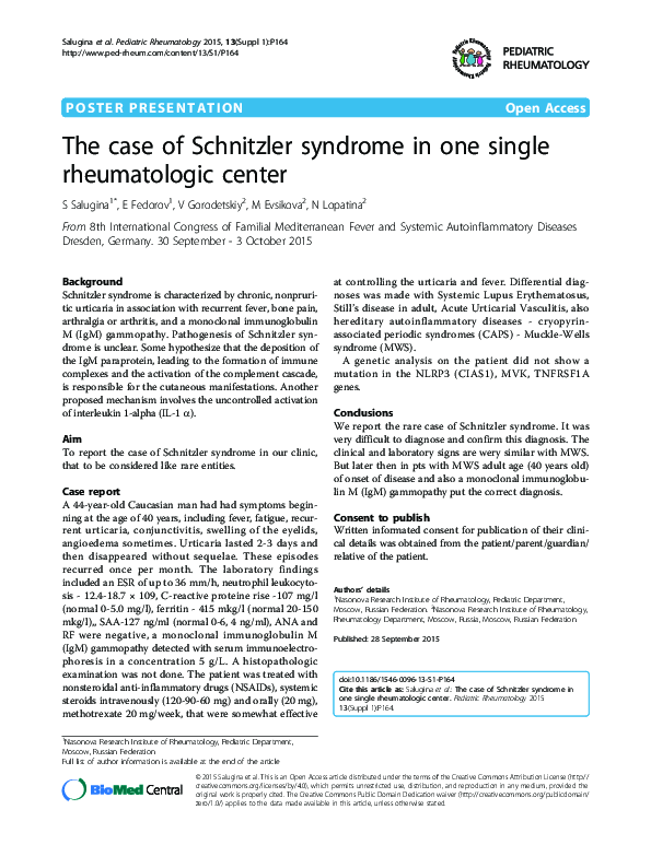 (PDF) The case of Schnitzler syndrome in one single rheumatologic ...