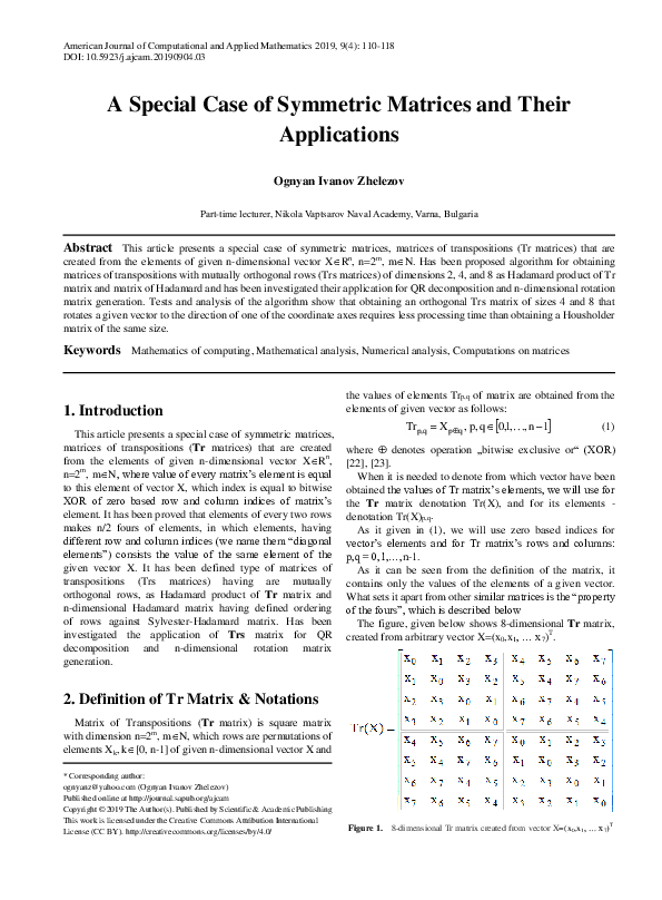 Pdf A Special Case Of Symmetric Matrices And Their Applications