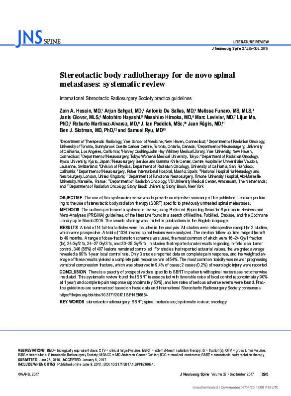 (PDF) Stereotactic body radiotherapy for de novo spinal metastases: systematic review | Ian ...