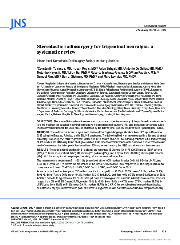 (PDF) Stereotactic radiosurgery for trigeminal neuralgia: a systematic ...