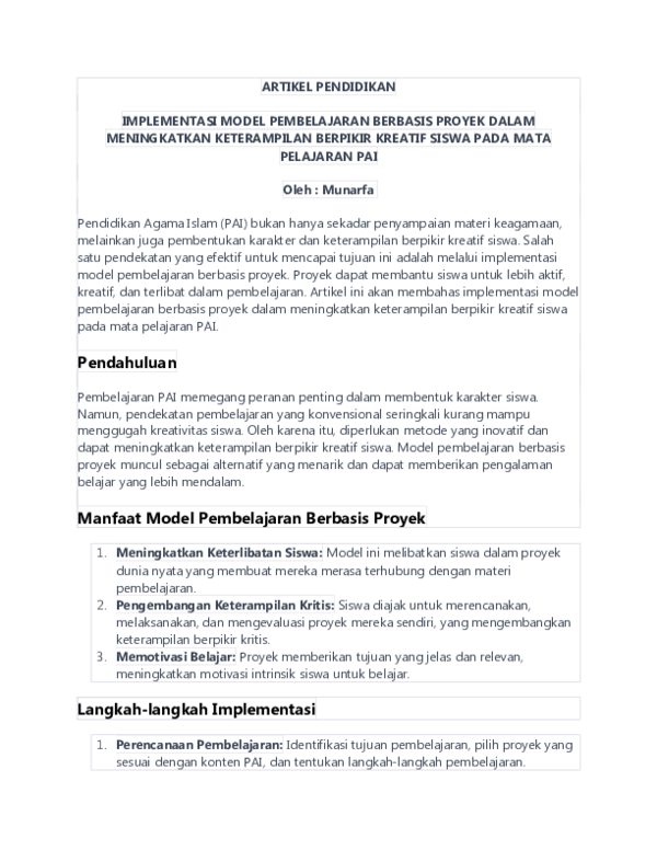 (DOC) ARTIKEL PENDIDIKAN IMPLEMENTASI MODEL PEMBELAJARAN BERBASIS PROYEK DALAM MENINGKATKAN ...