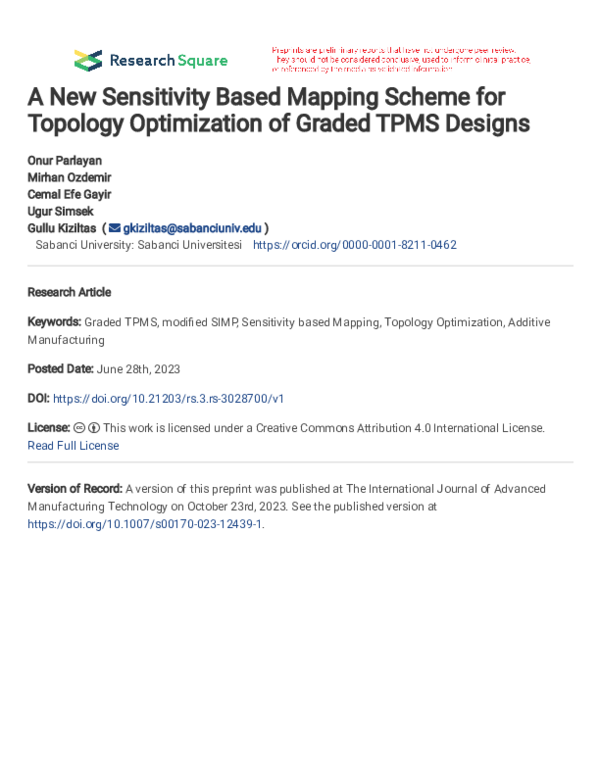 (PDF) A New Sensitivity Based Mapping Scheme for Topology Optimization of Graded TPMS Designs