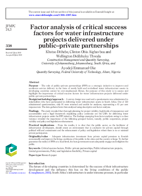 (PDF) Factor analysis of critical success factors for water infrastructure projects delivered ...