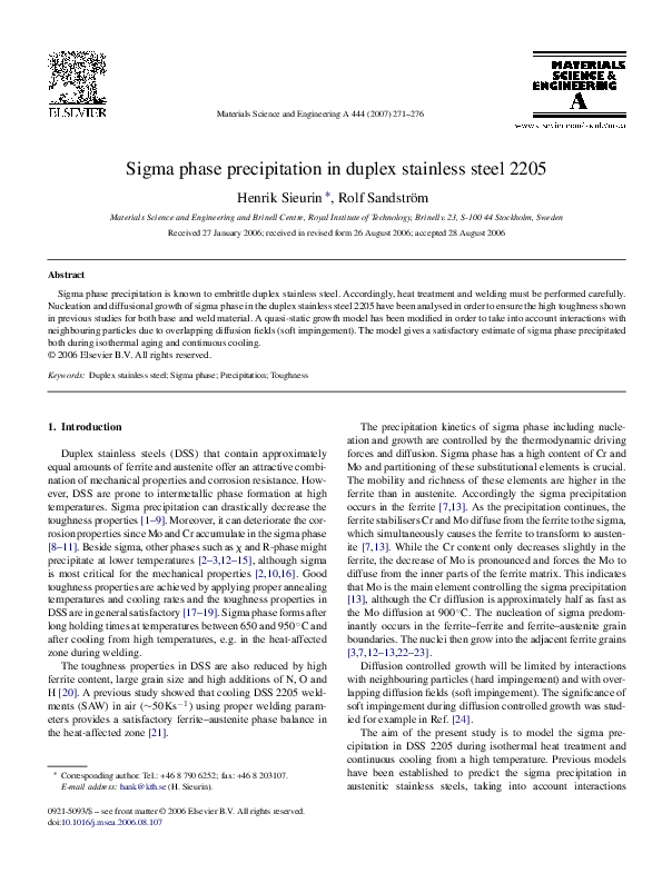 (PDF) Sigma phase precipitation in duplex stainless steel 2205 | Job Swens - Academia.edu