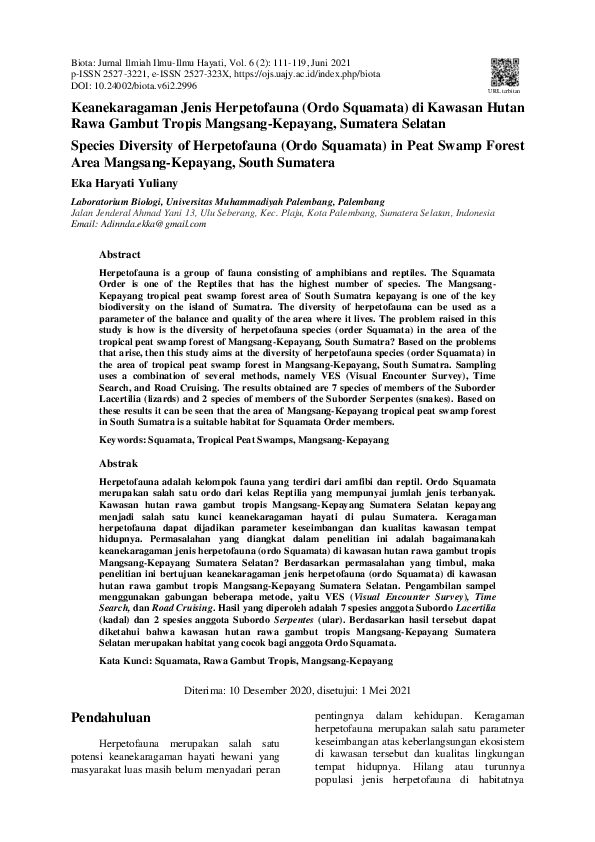 (PDF) Keanekaragaman Jenis Herpetofauna (Ordo Squamata) di Kawasan ...