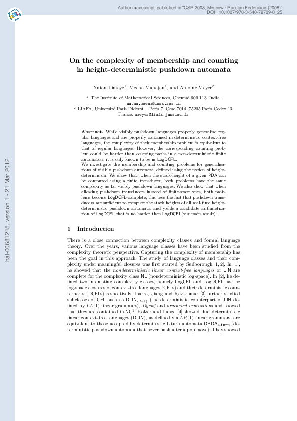 (PDF) On the Complexity of Membership and Counting in Height-Deterministic Pushdown Automata ...