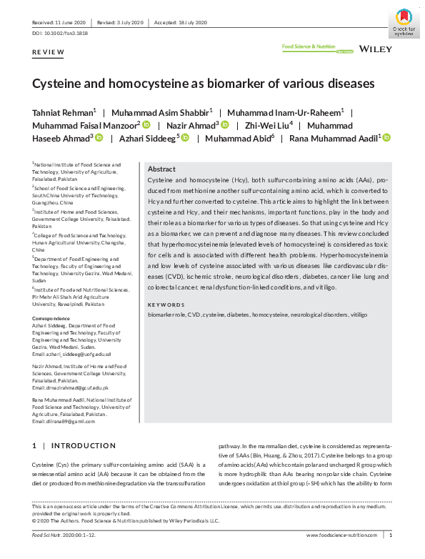 (PDF) Cysteine and homocysteine as biomarker of various diseases