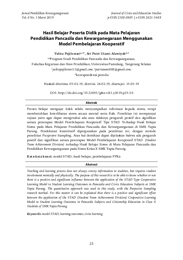 (PDF) Hasil Belajar Peserta Didik pada Mata Pelajaran Pendidikan Pancasila dan Kewarganegaraan ...