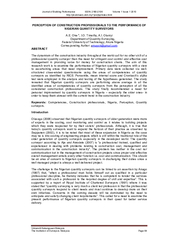 (PDF) Perception of Construction Professionals to the Performance of ...