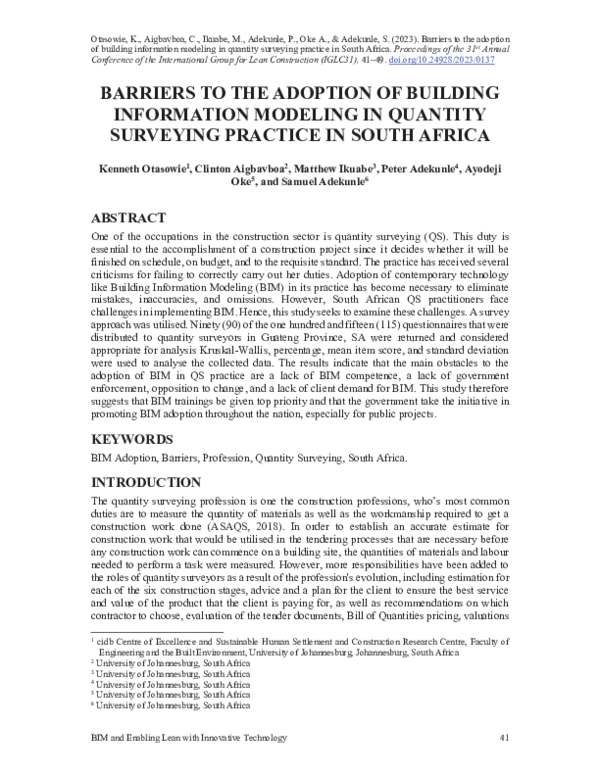 (PDF) Barriers to the Adoption of Building Information Modeling in Quantity Surveying Practice ...