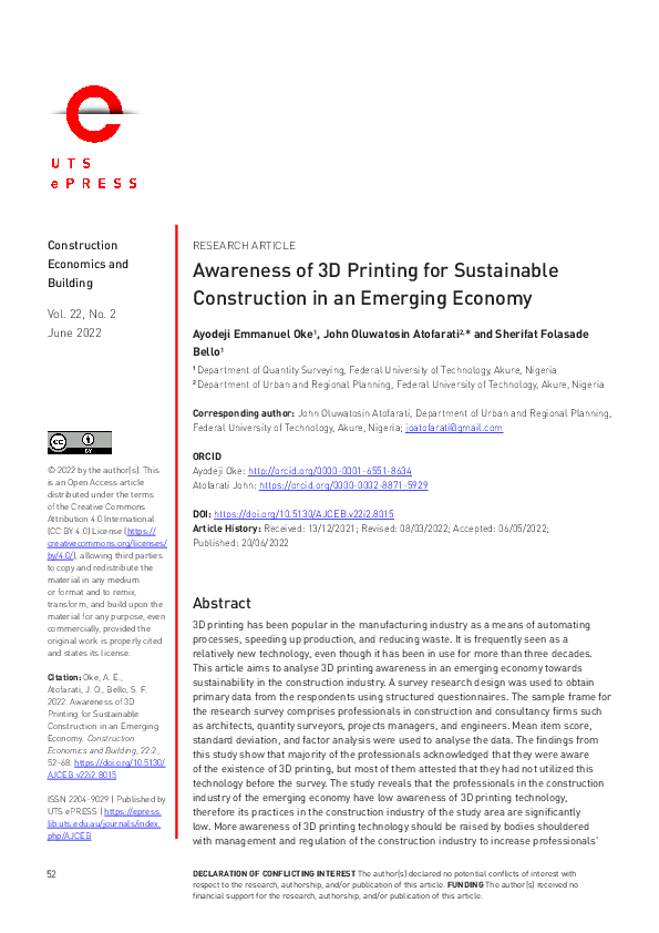 (PDF) Awareness of 3D Printing for Sustainable Construction in an ...
