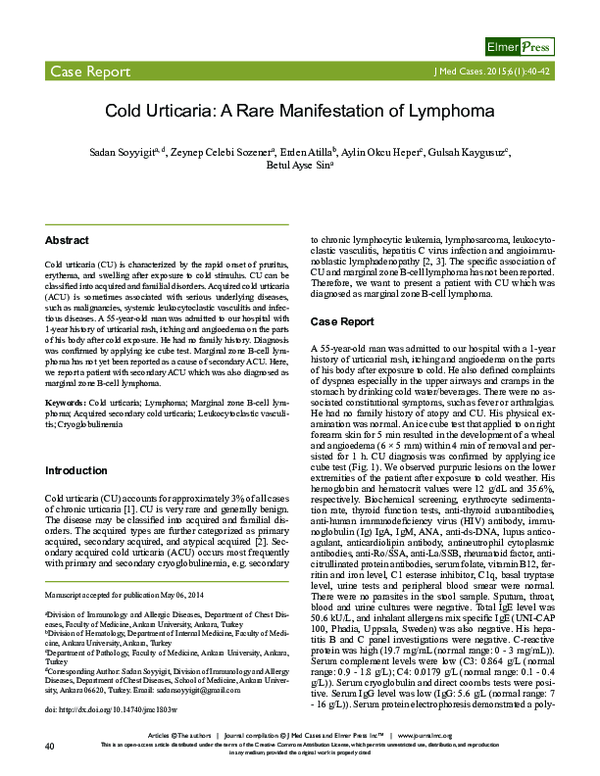 (PDF) Cold Urticaria: A Rare Manifestation of Lymphoma | Betul Sin ...